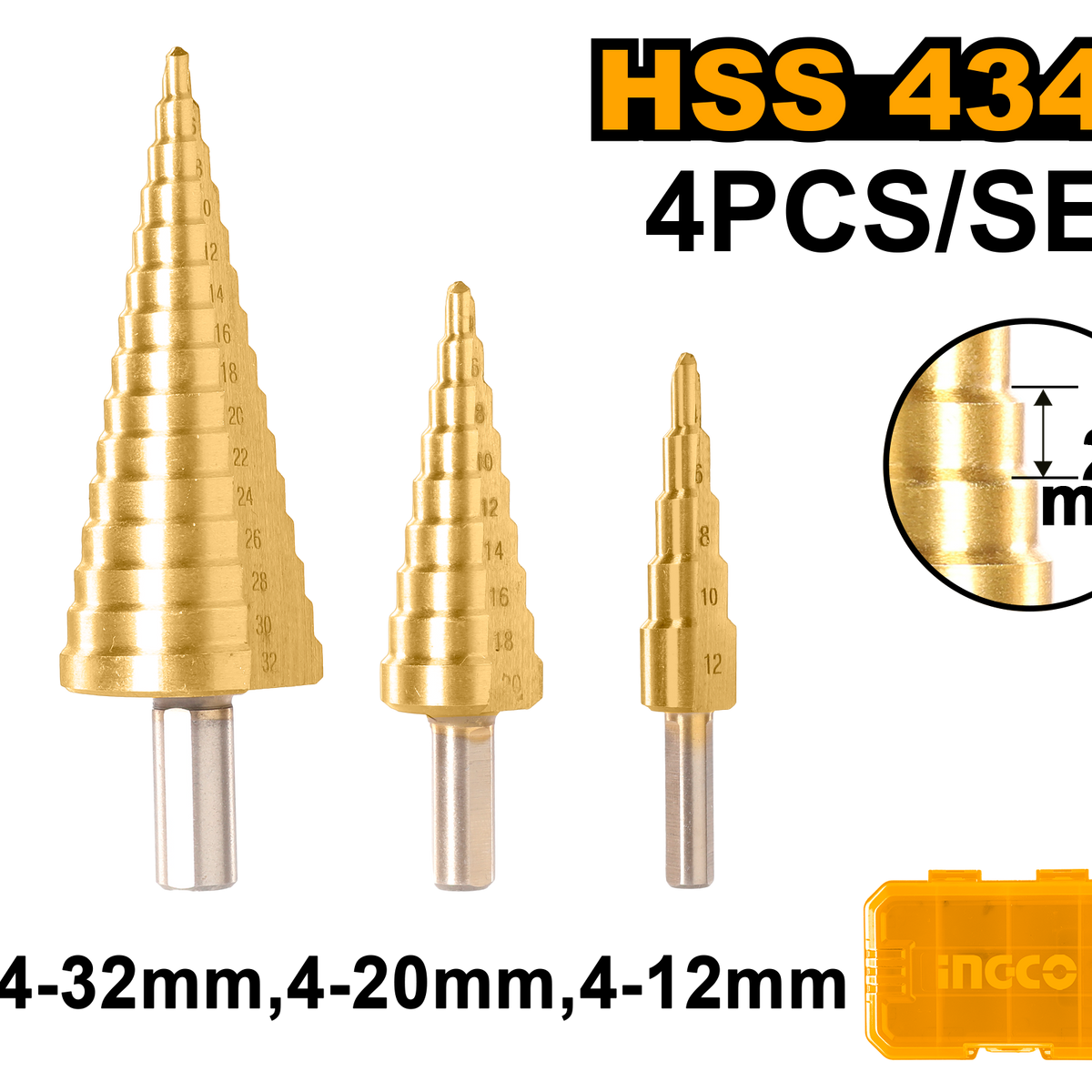 Ingco 3PCS/Set HSS 4341 Material Step Drill Bit with 1PC Automatic Cen ...