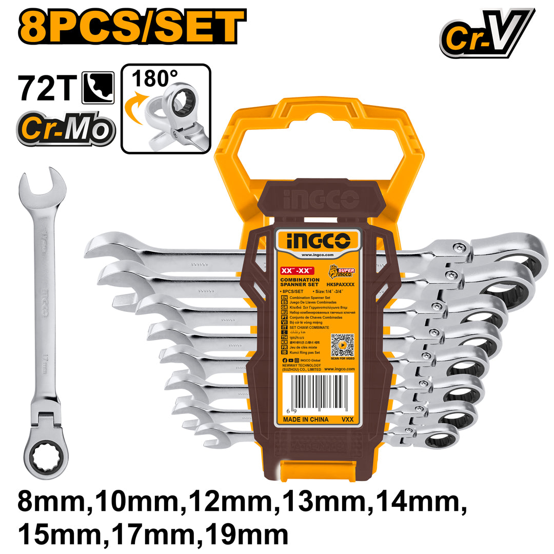 Ingco 8 Pcs Flex Ratchet Combination Spanner Set HKSPAR1083 – INGCO ...