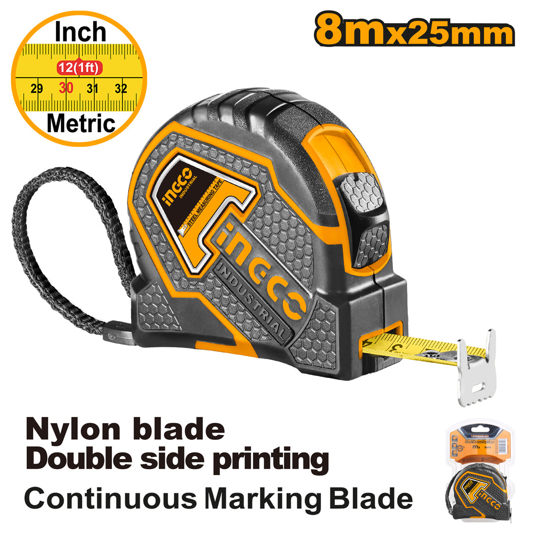 Ingco Industrial Steel Measuring Tape Nylon Blade 8M Double Sided Print ...