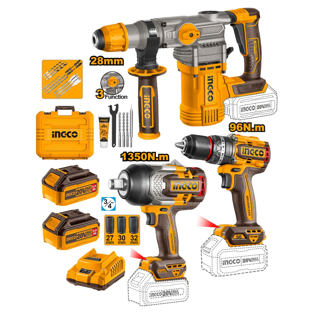 Ingco P20S/20V Lithium-Ion 3PCS Combo Kit w/ 2PCS 5.0Ah Battery Pack C ...